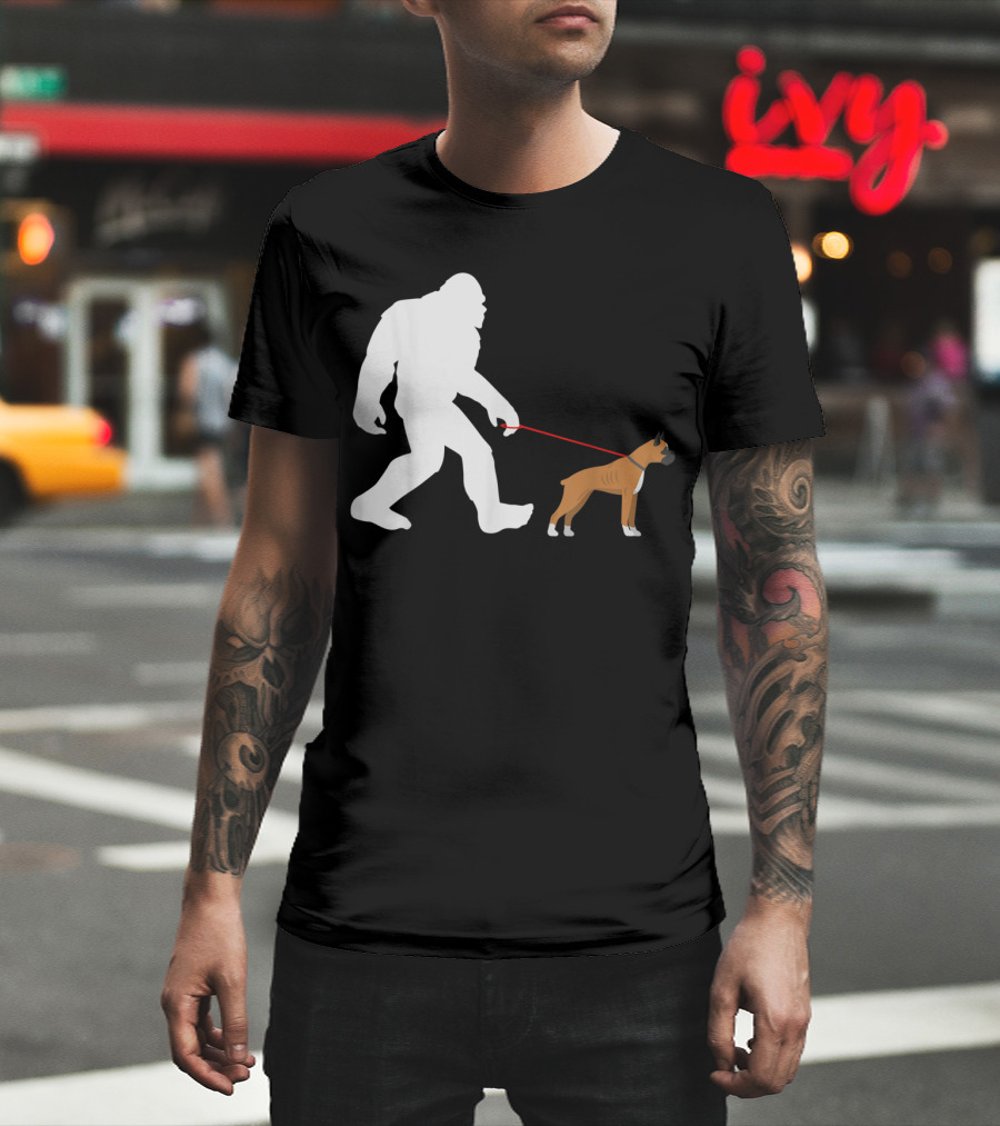Bigfoot Sasquatch Walking Boxer Dog Novelty T-Shirt
