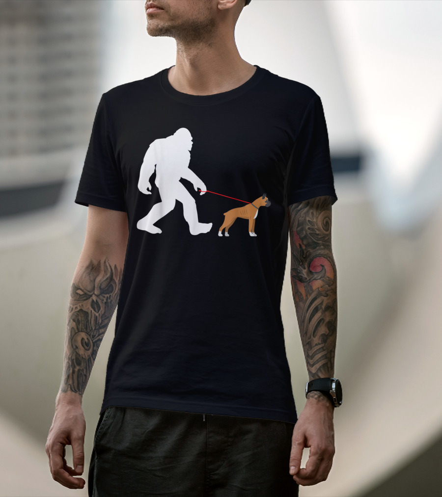 Bigfoot Sasquatch Walking Boxer Dog Novelty T-Shirt