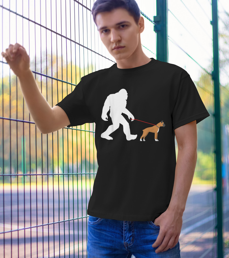 Bigfoot Sasquatch Walking Boxer Dog Novelty T-Shirt