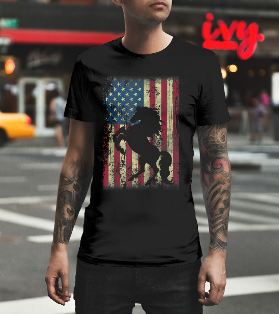 USA Patriotic Horse And American Flag T-Shirt