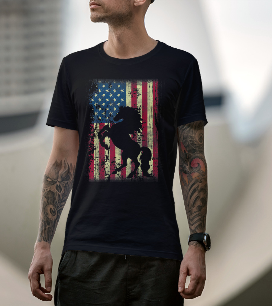USA Patriotic Horse And American Flag T-Shirt