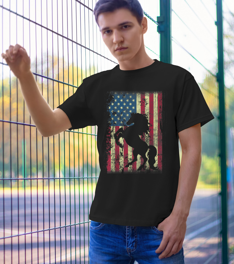 USA Patriotic Horse And American Flag T-Shirt