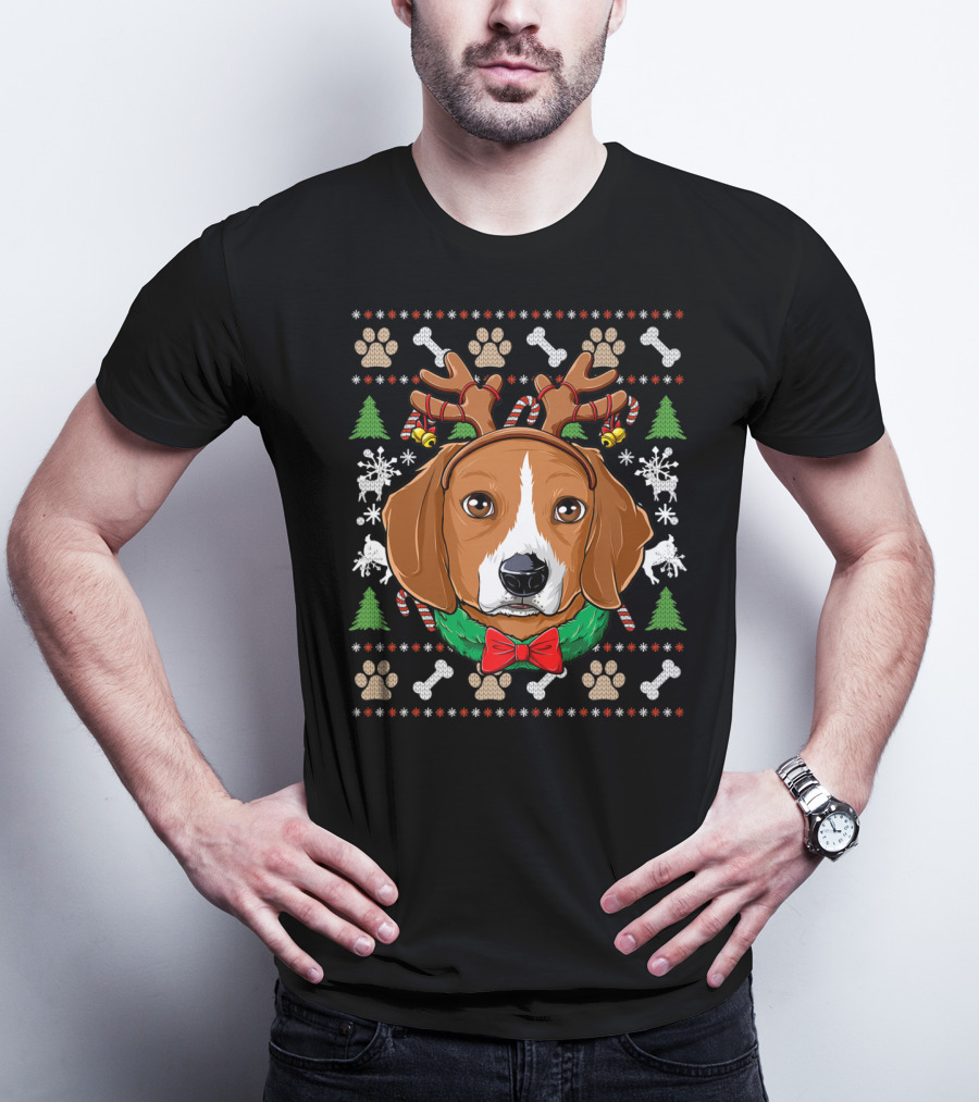Beagle Reindeer Antlers Ugly Christmas Sweater Paw Prints T-Shirt