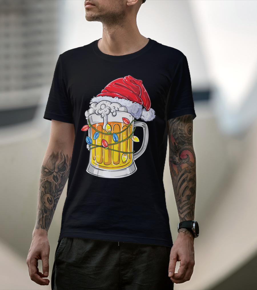 Beer Santa Hat Christmas Lights Holiday Cheer T-Shirt