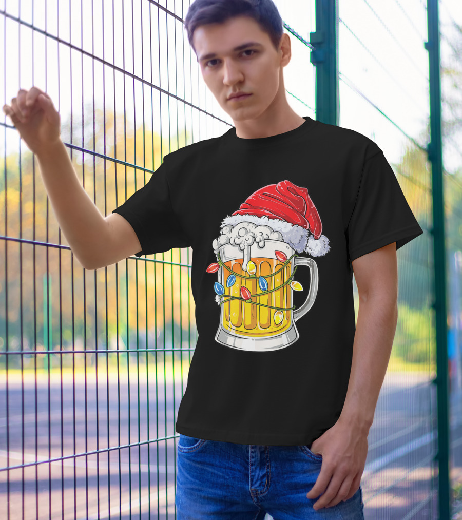 Beer Santa Hat Christmas Lights Holiday Cheer T-Shirt