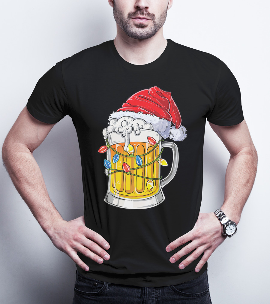 Beer Santa Hat Christmas Lights Holiday Cheer T-Shirt