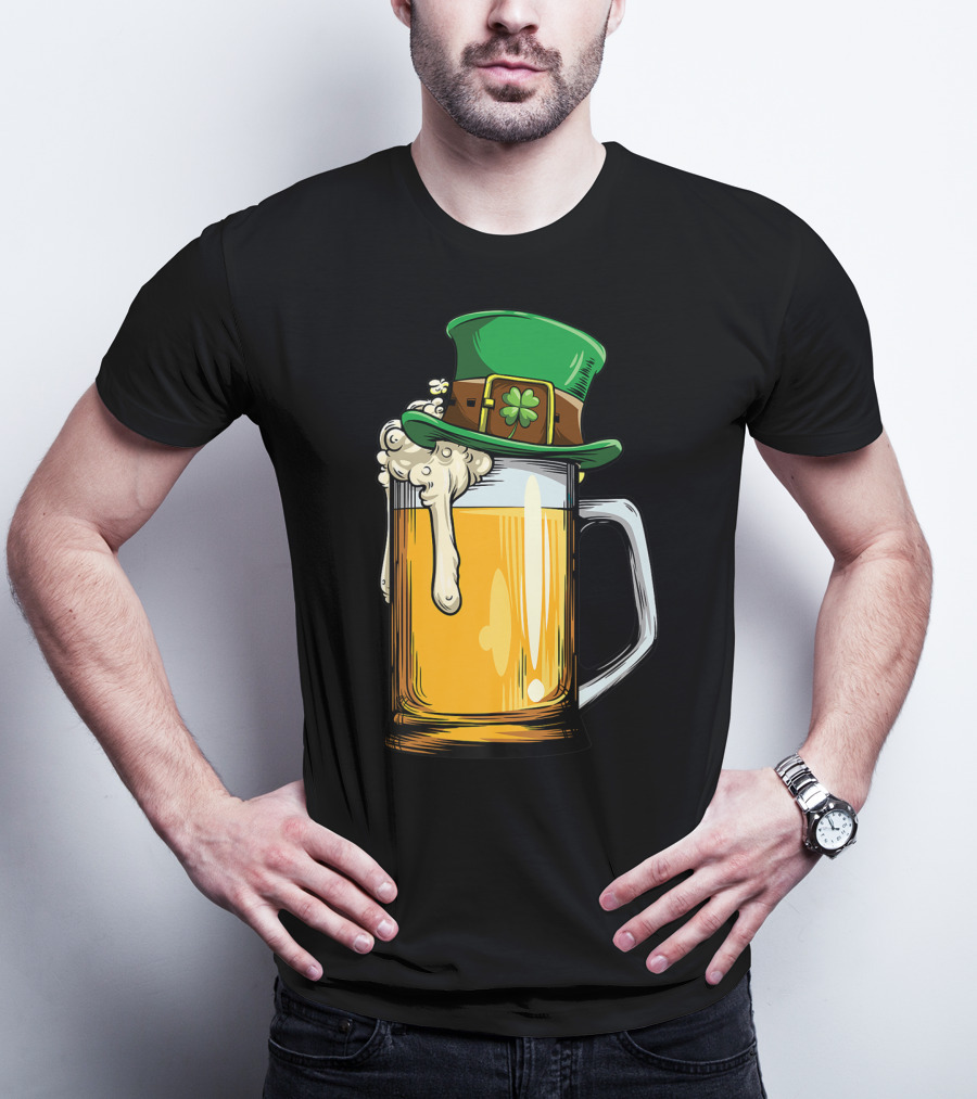 Leprechaun Hat Overflowing Beer Mug With Shamrock Foam T-Shirt