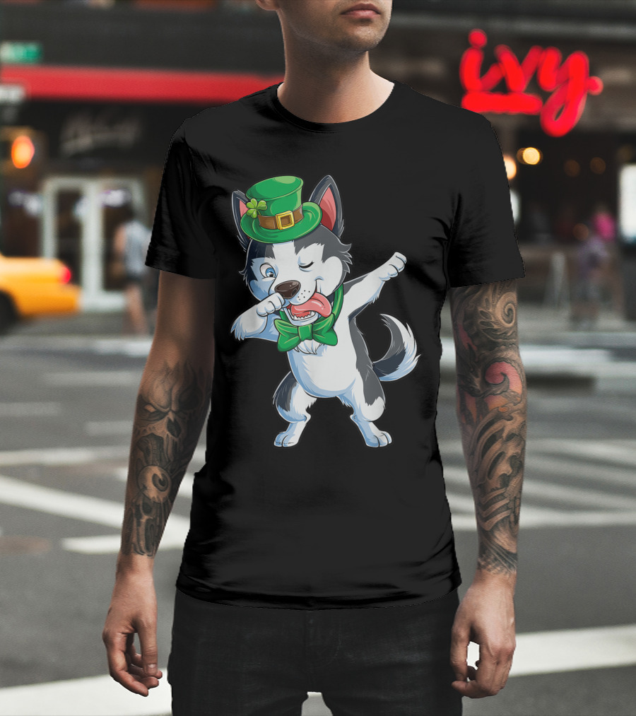 St. Patrick's Day Dabbing Siberian Husky With Green Hat And Bow Tie T-Shirt