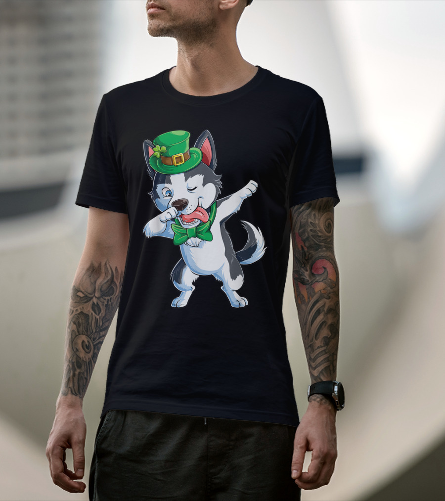 St. Patrick's Day Dabbing Siberian Husky With Green Hat And Bow Tie T-Shirt
