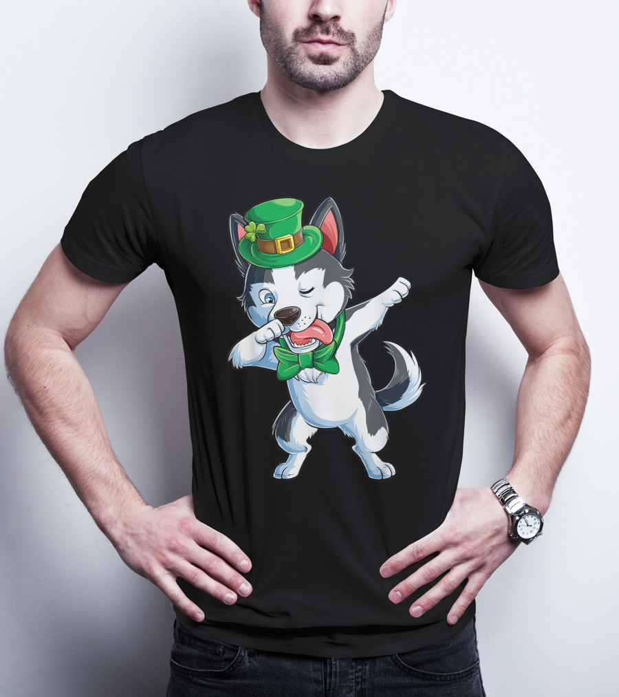 St. Patrick's Day Dabbing Siberian Husky With Green Hat And Bow Tie T-Shirt