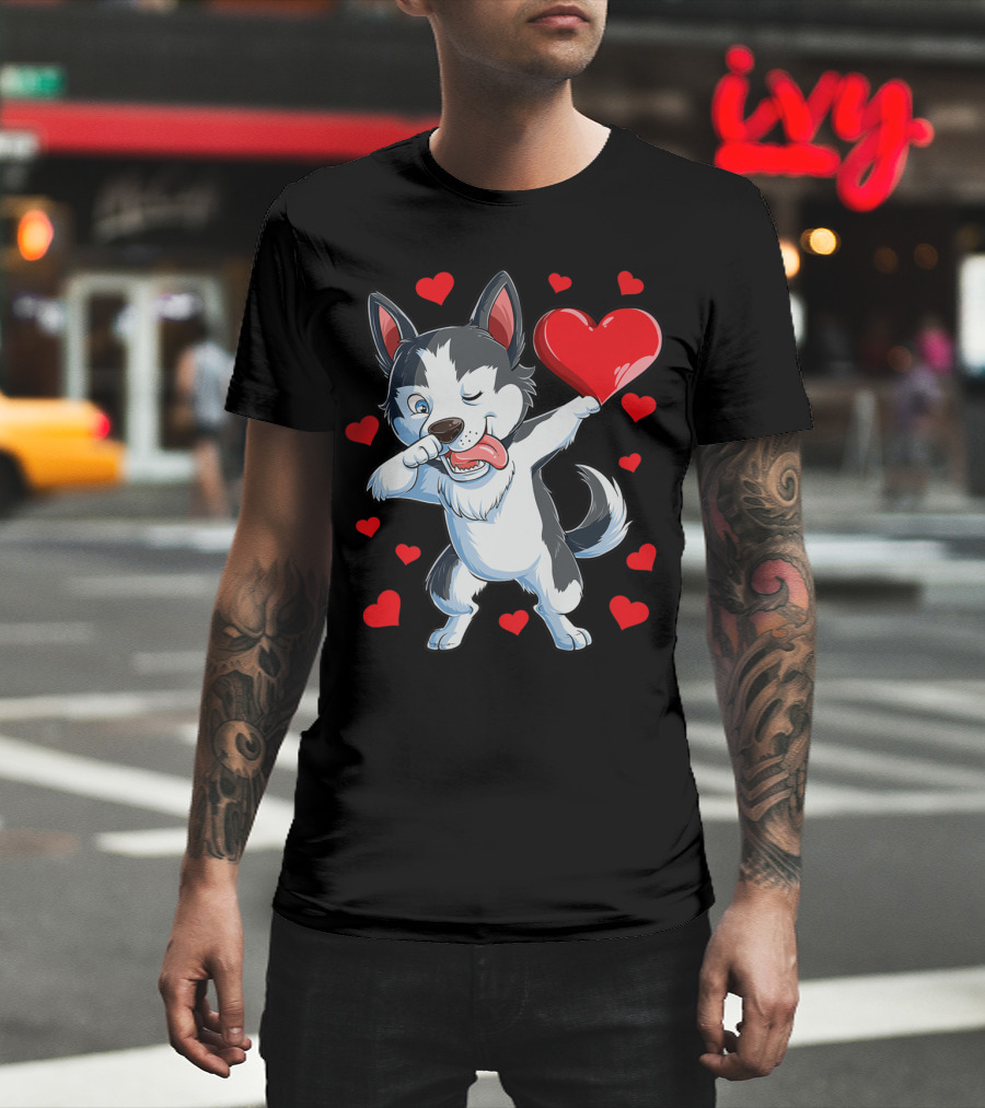 Dabbing Siberian Husky Holding Heart Surrounded By Red Valentine Hearts T-Shirt