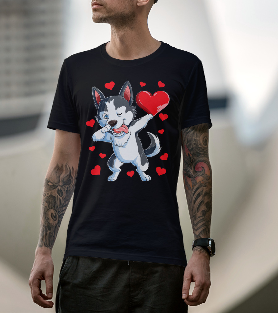 Dabbing Siberian Husky Holding Heart Surrounded By Red Valentine Hearts T-Shirt