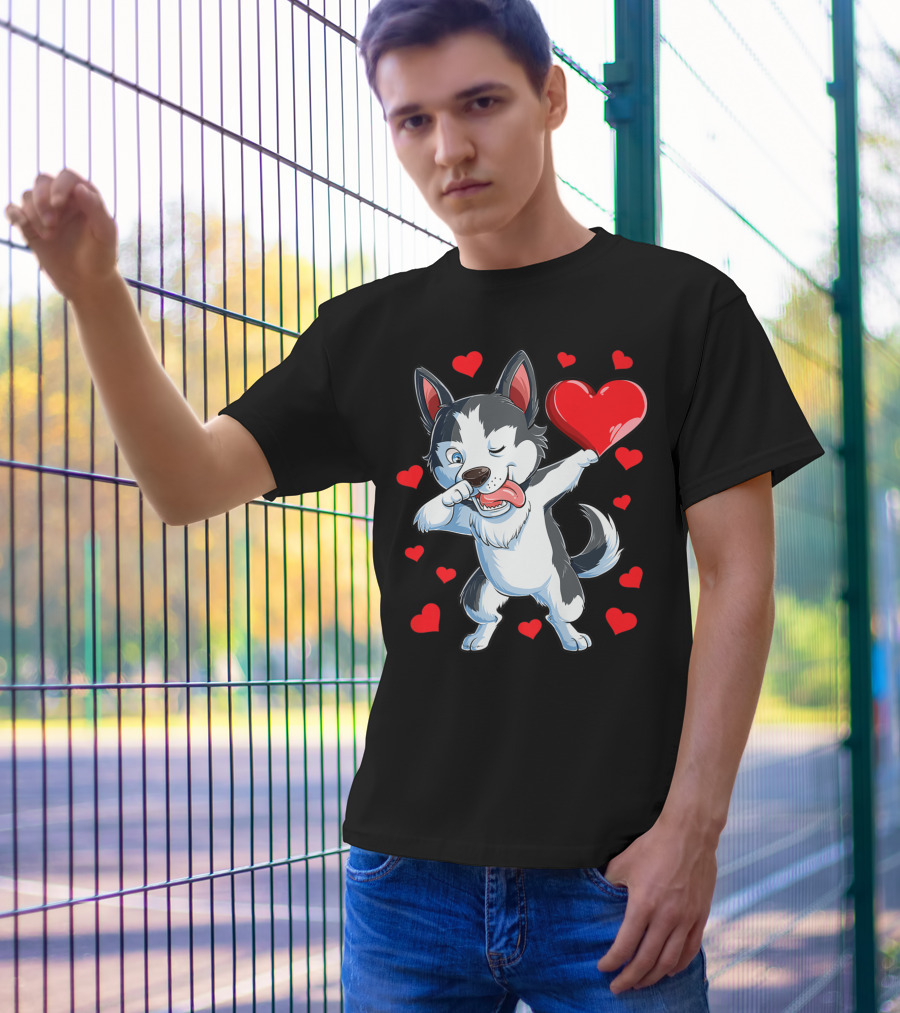 Dabbing Siberian Husky Holding Heart Surrounded By Red Valentine Hearts T-Shirt