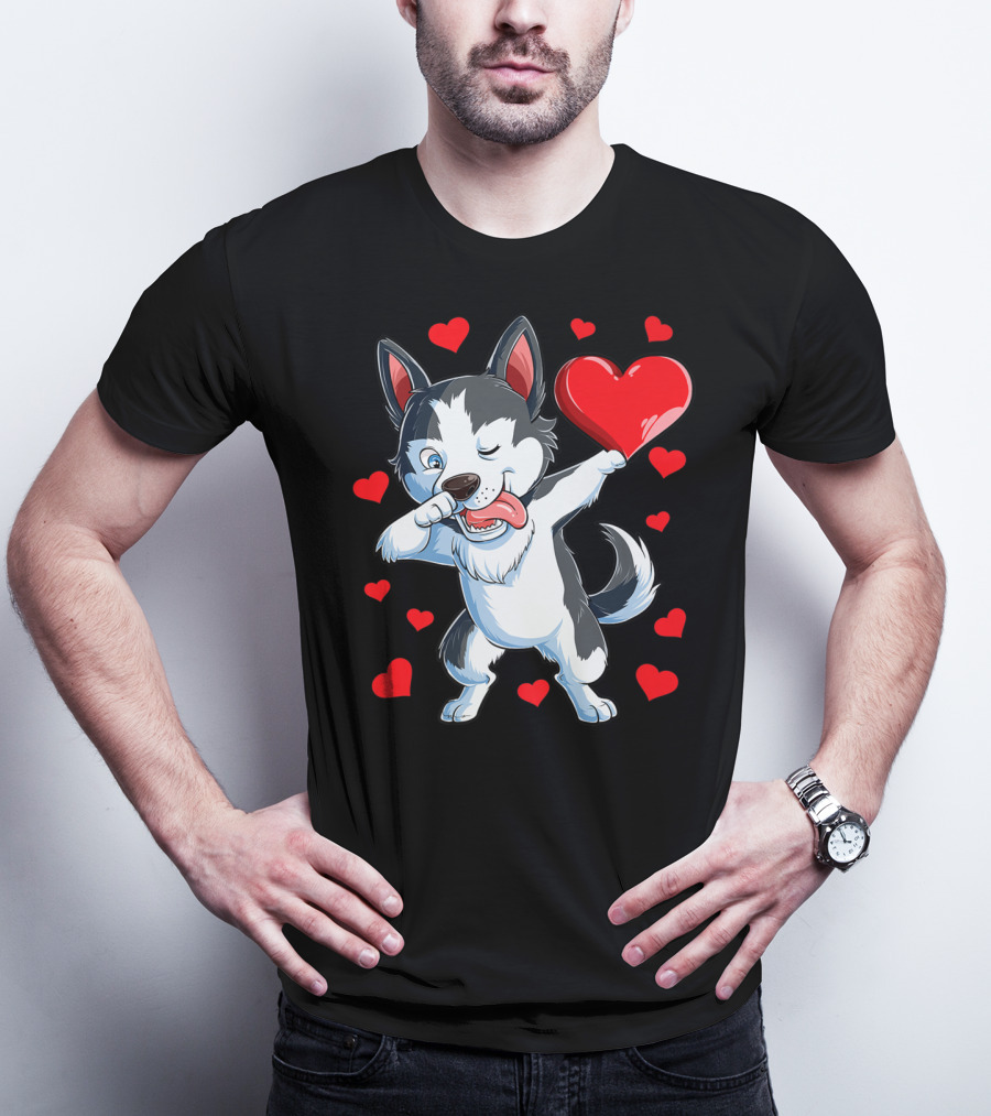 Dabbing Siberian Husky Holding Heart Surrounded By Red Valentine Hearts T-Shirt