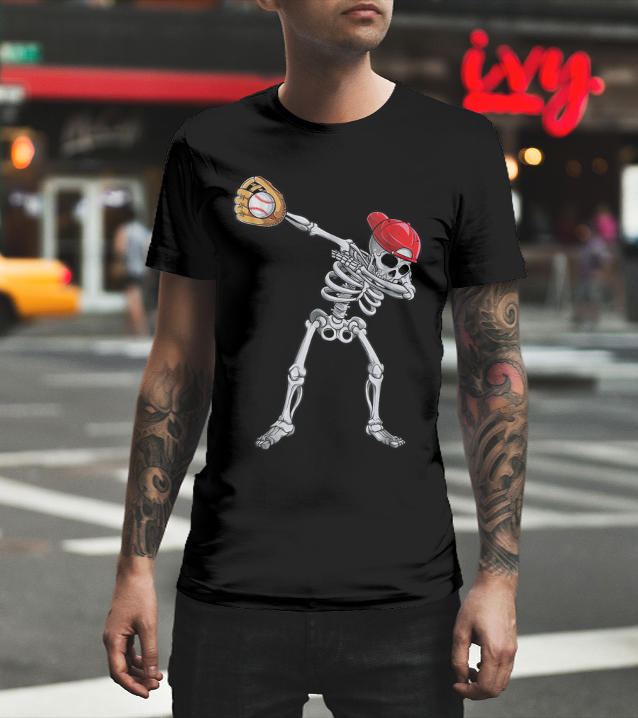 Dabbing Skeleton With Baseball Glove And Cap T-Shirt