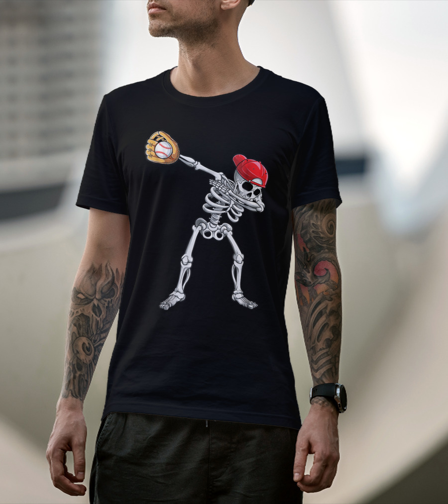 Dabbing Skeleton With Baseball Glove And Cap T-Shirt