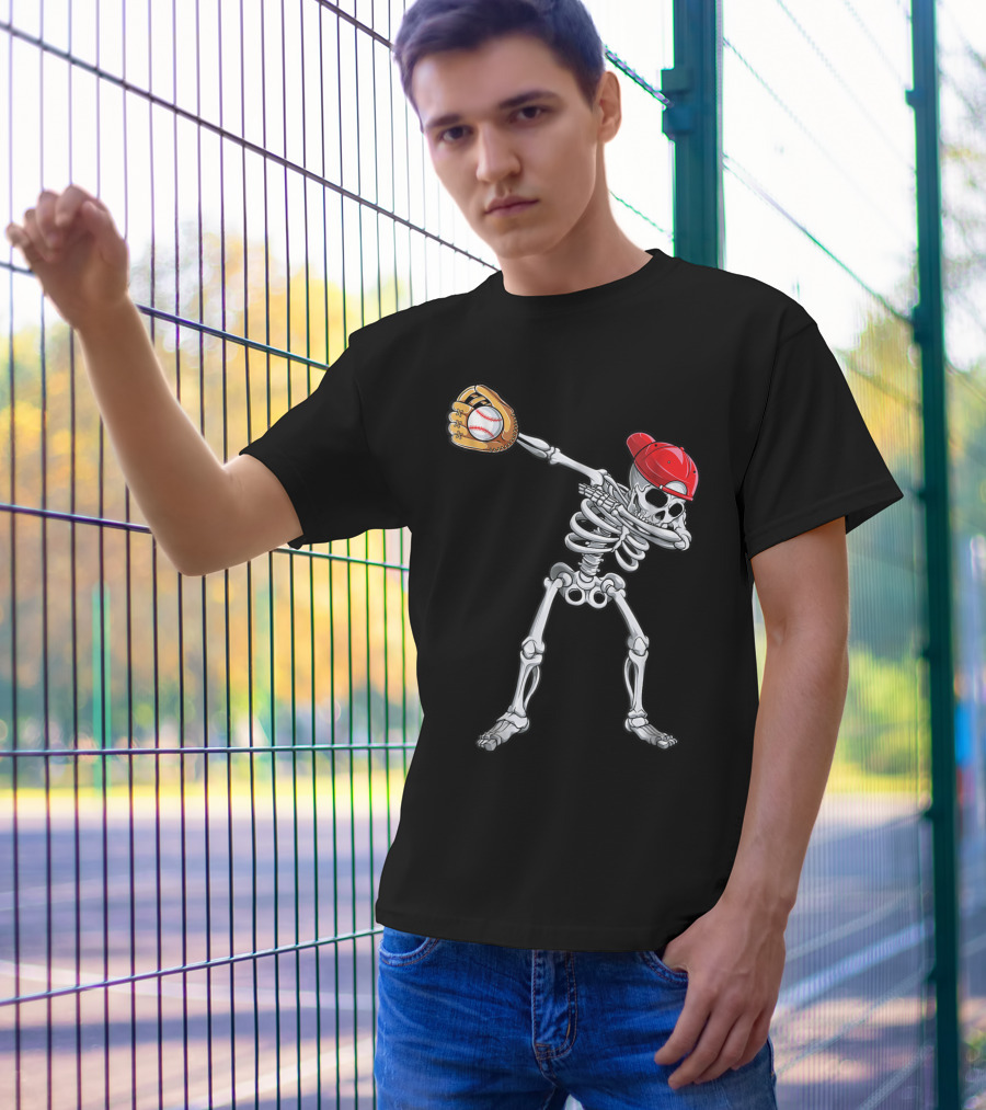 Dabbing Skeleton With Baseball Glove And Cap T-Shirt