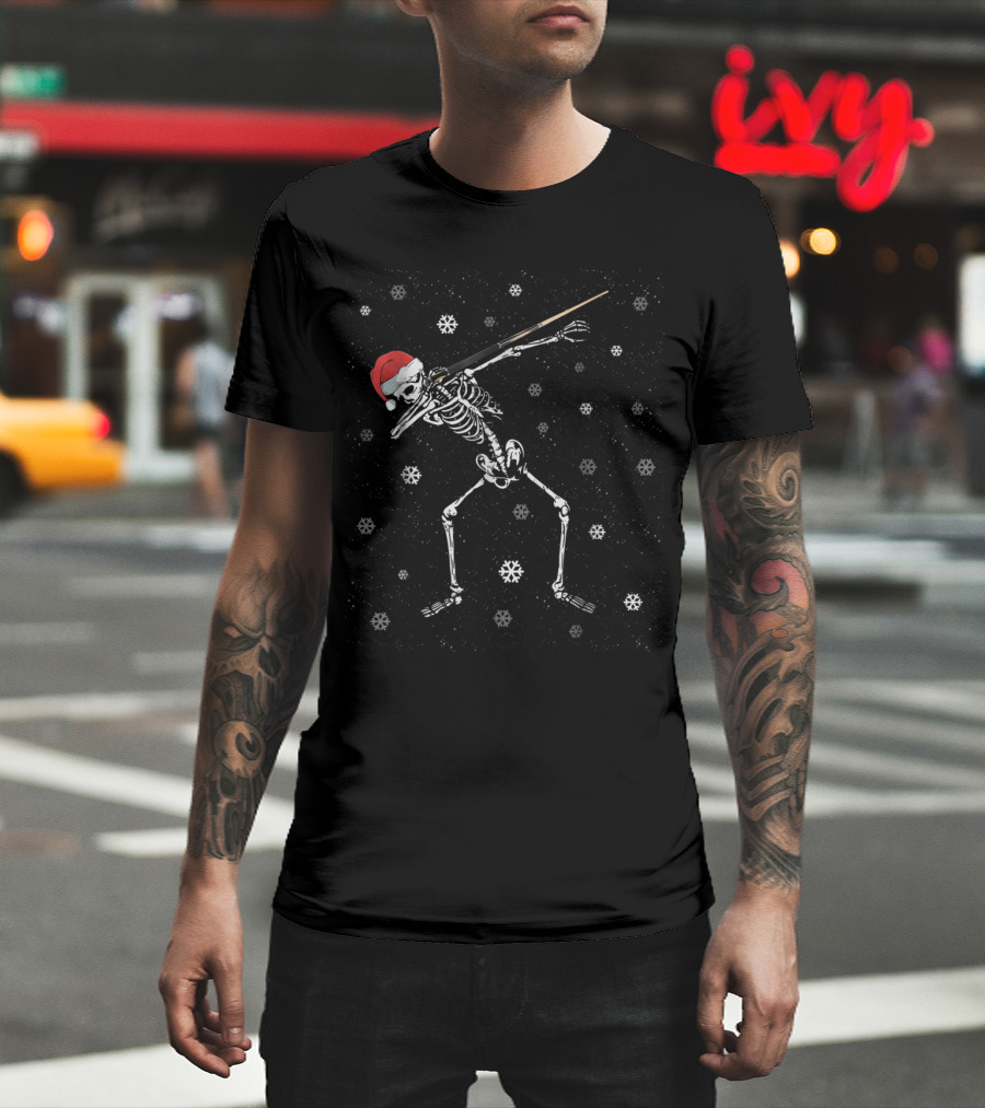Santa Hat Dabbing Skeleton Billiards Snowflakes T-Shirt