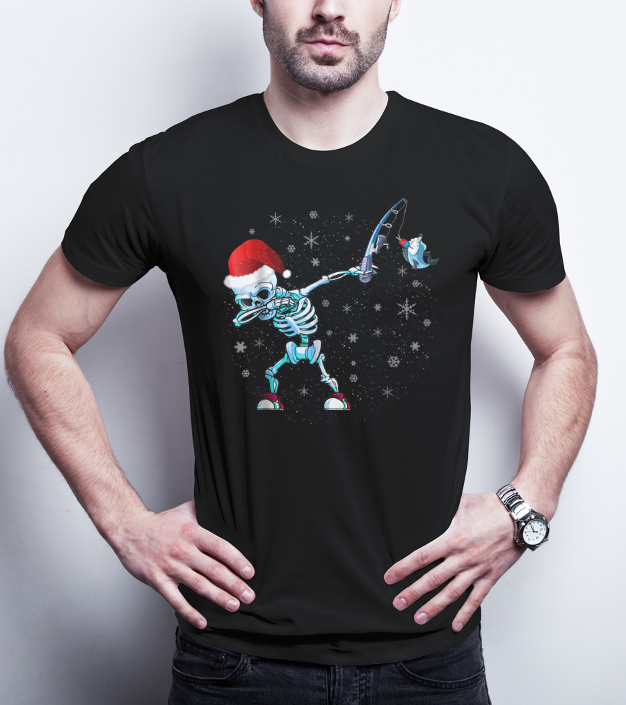 Santa Skeleton Dabbing With Fishing Rod And Shark T-Shirt
