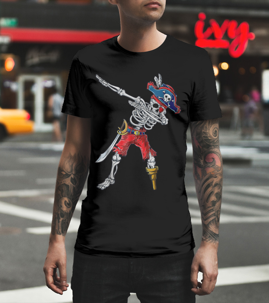 Skeleton Pirate Dabbing In Red Pants And Tricorn Hat With Sword T-Shirt