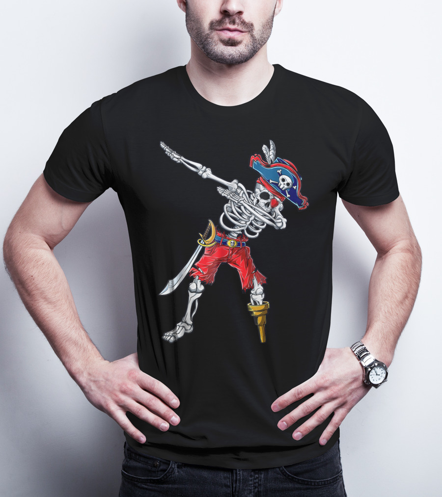 Skeleton Pirate Dabbing In Red Pants And Tricorn Hat With Sword T-Shirt