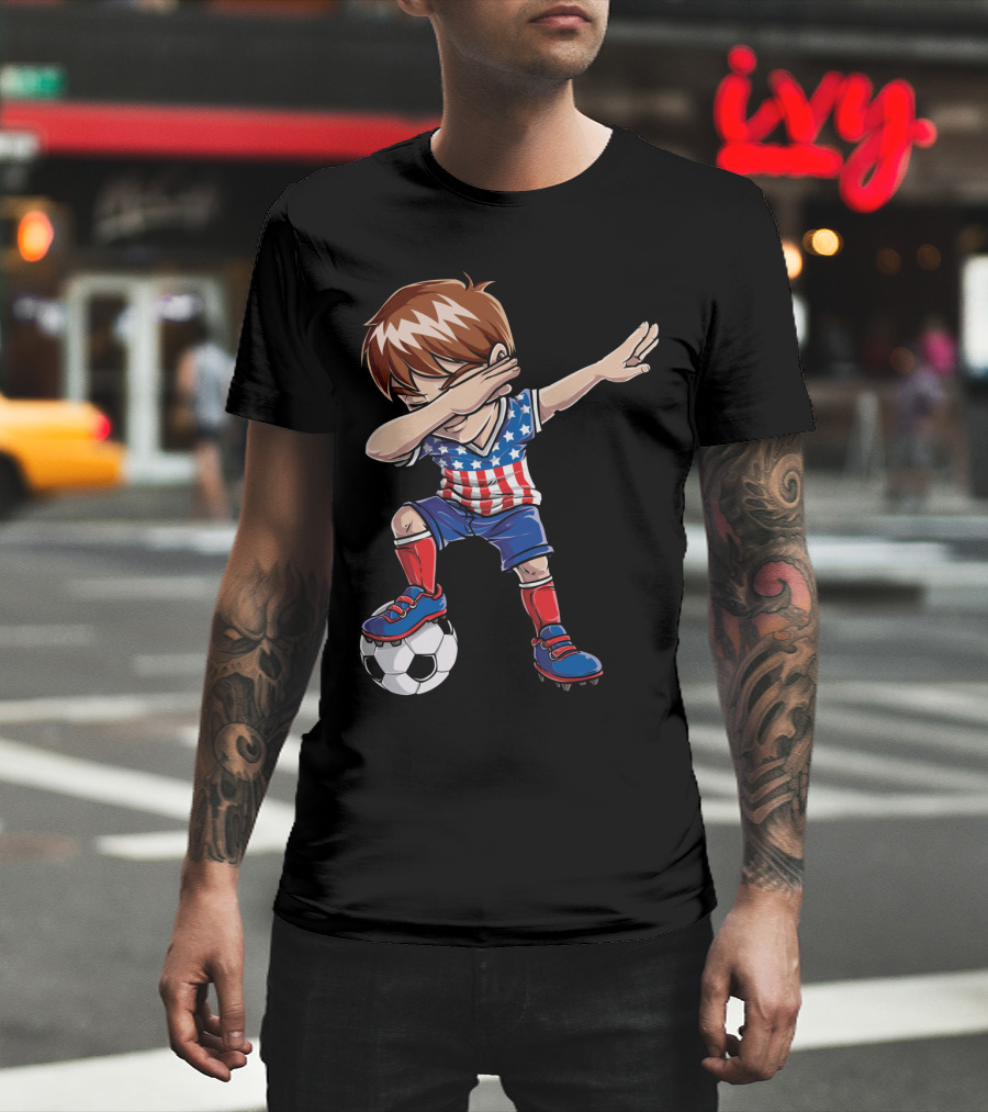 Dabbing Boy With Soccer Ball In American Flag Jersey T-Shirt