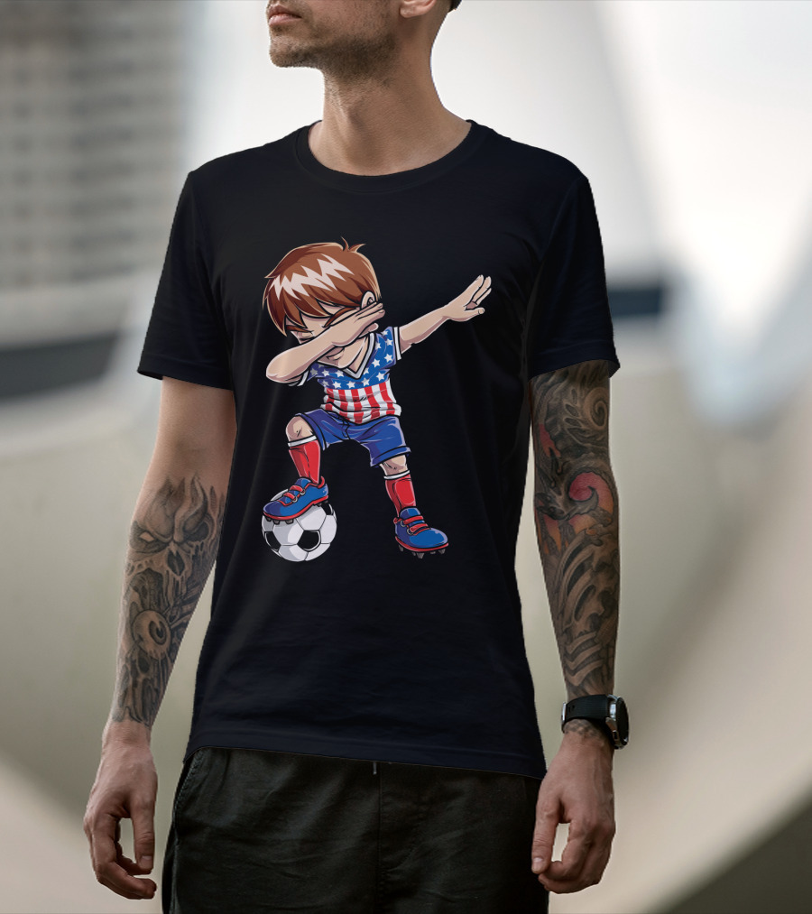 Dabbing Boy With Soccer Ball In American Flag Jersey T-Shirt