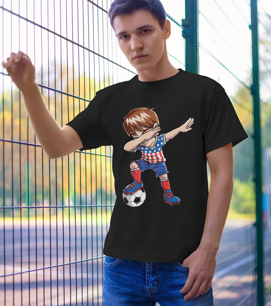 Dabbing Boy With Soccer Ball In American Flag Jersey T-Shirt