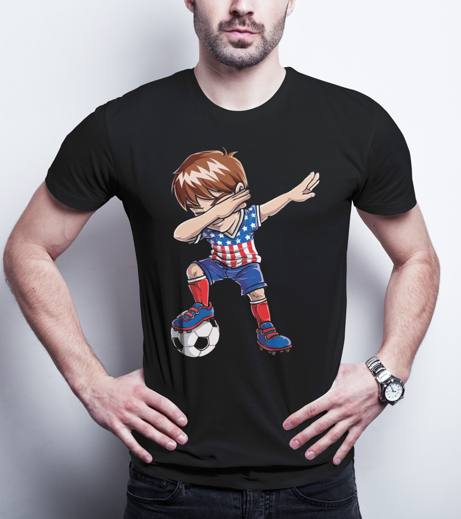 Dabbing Boy With Soccer Ball In American Flag Jersey T-Shirt