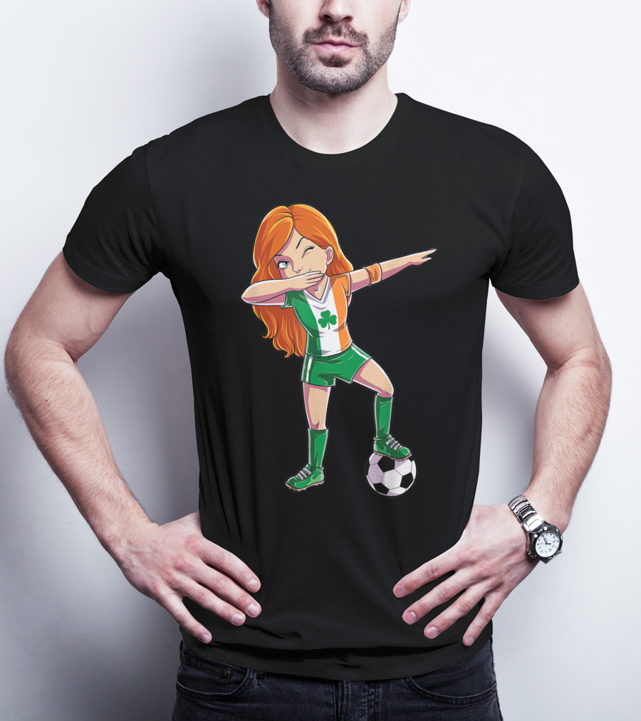 Dabbing Irish Soccer Girl With Shamrock Jersey And Football T-Shirt