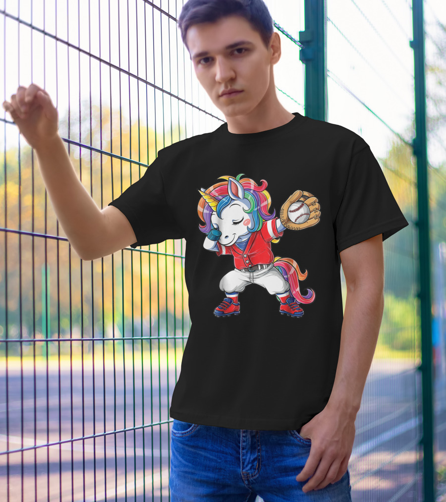 Dabbing Unicorn In Rainbow Baseball Outfit Holding Ball T-Shirt