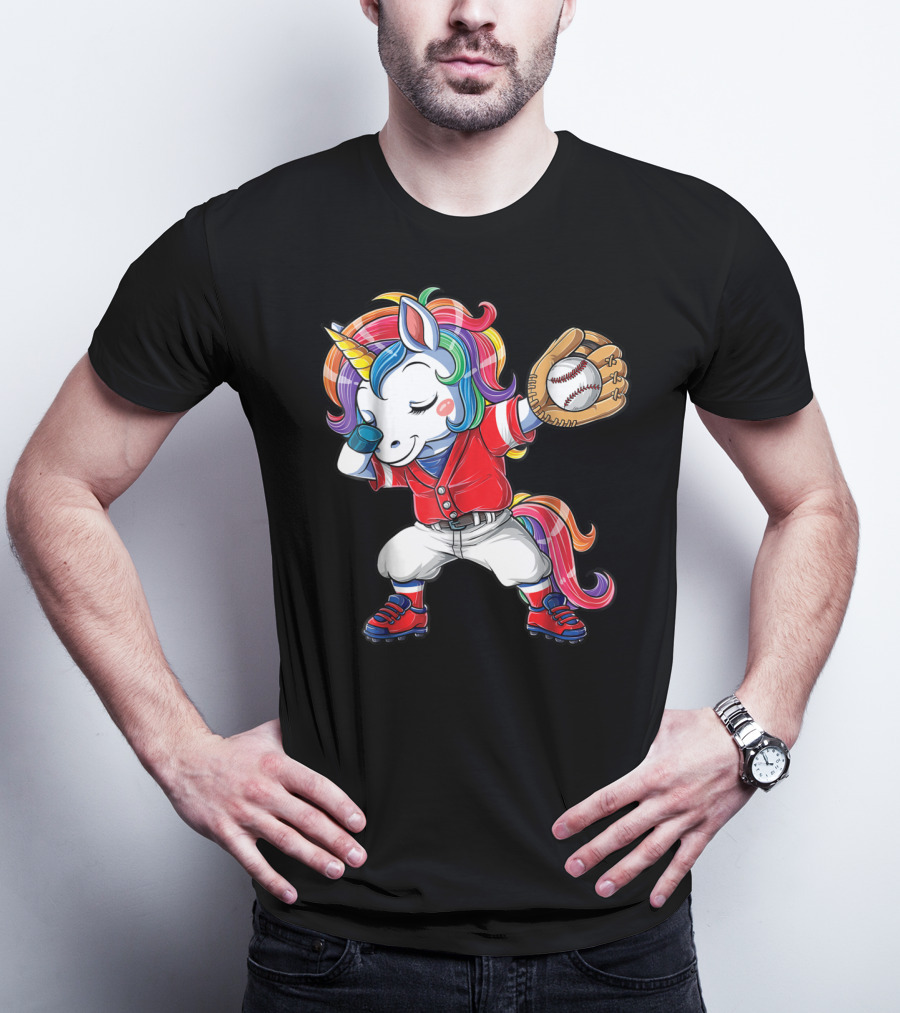Dabbing Unicorn In Rainbow Baseball Outfit Holding Ball T-Shirt