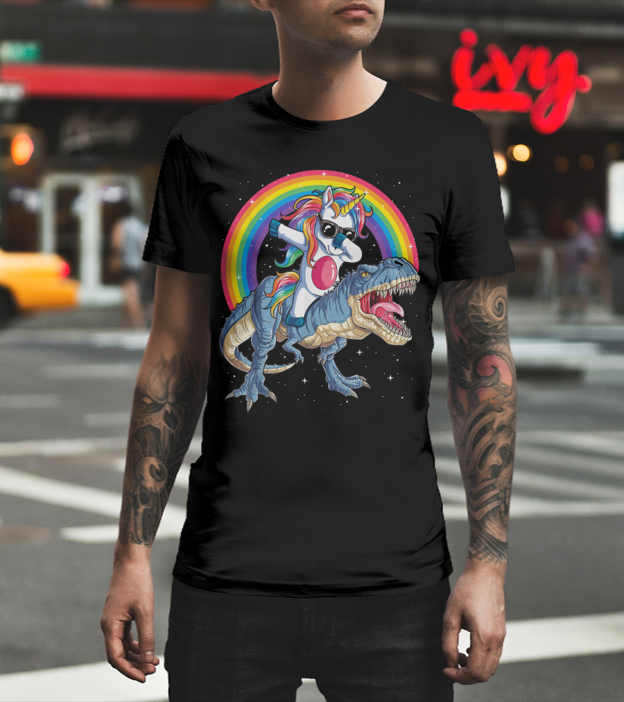Dabbing Unicorn Riding T-Rex Under Rainbow In Space T-Shirt