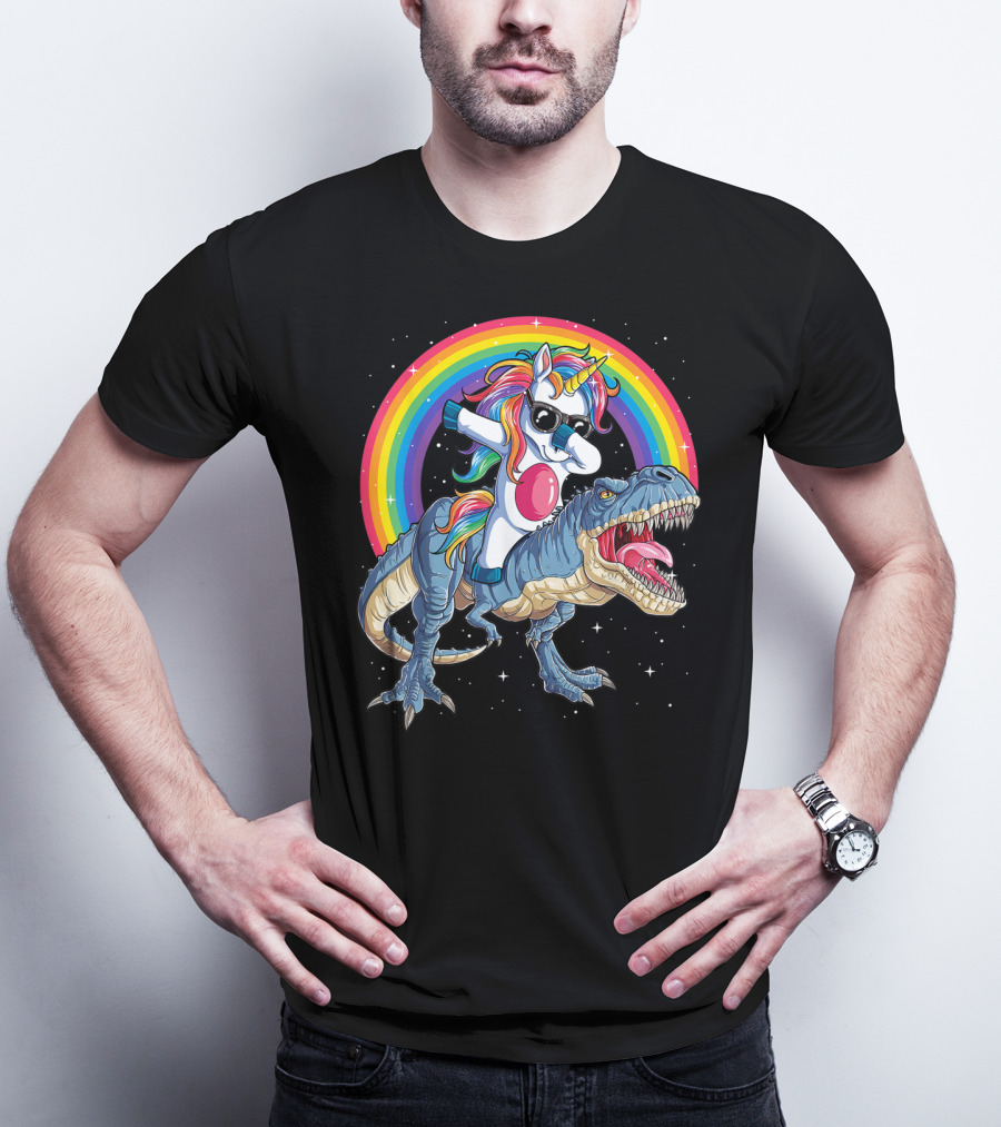 Dabbing Unicorn Riding T-Rex Under Rainbow In Space T-Shirt