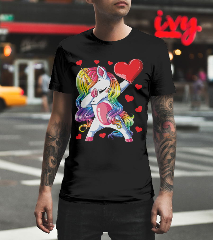 Valentine's Day Rainbow Dabbing Unicorn With Heart And Hearts T-Shirt