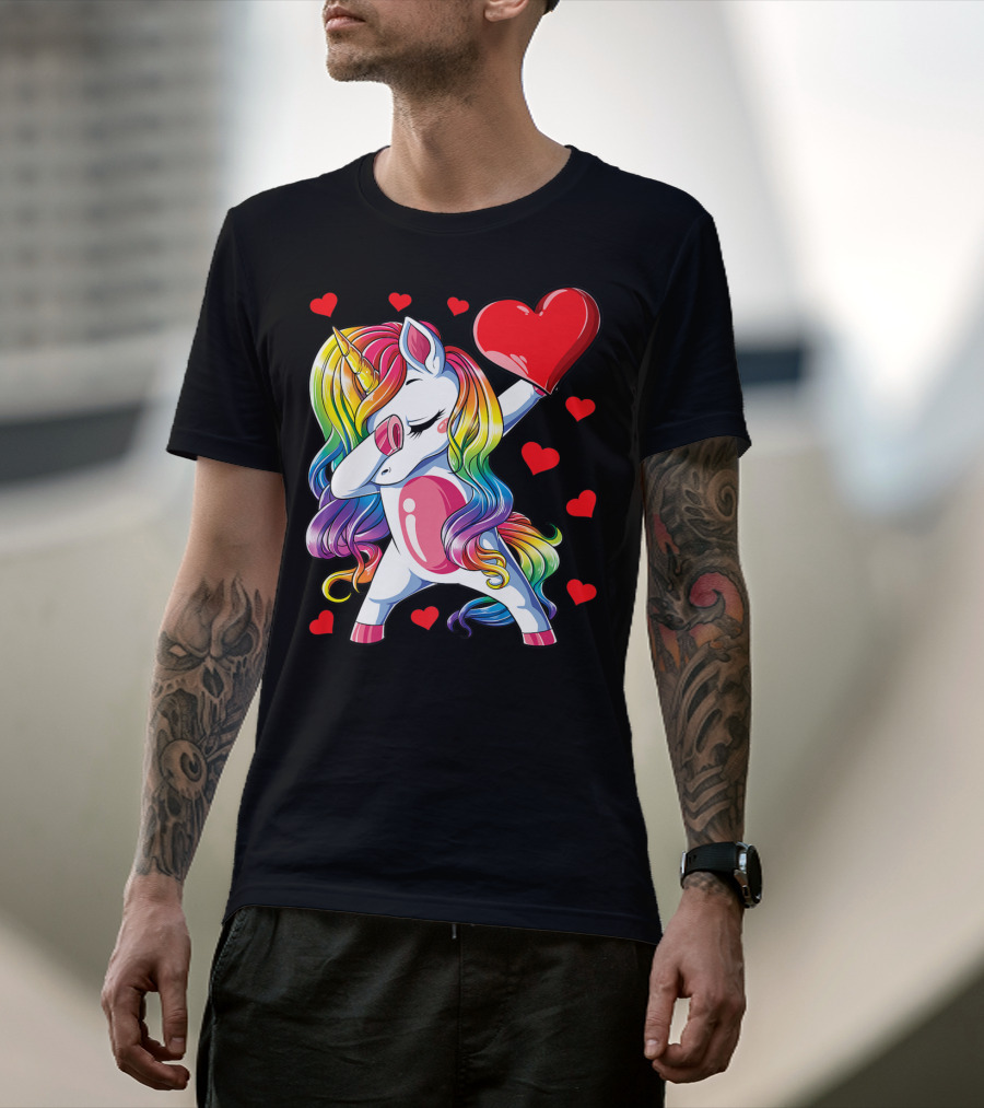 Valentine's Day Rainbow Dabbing Unicorn With Heart And Hearts T-Shirt