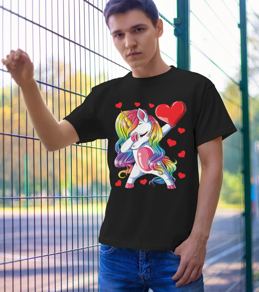 Valentine's Day Rainbow Dabbing Unicorn With Heart And Hearts T-Shirt