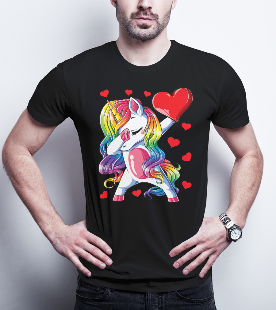 Valentine's Day Rainbow Dabbing Unicorn With Heart And Hearts T-Shirt