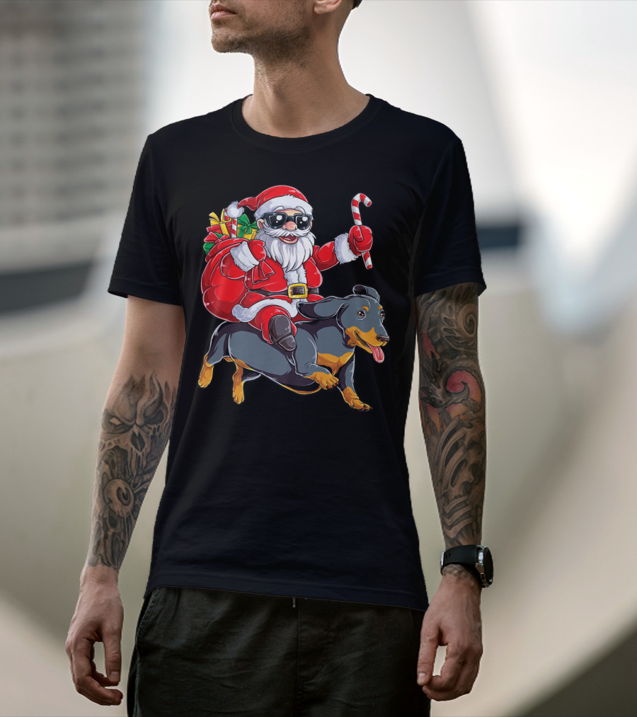 Santa Claus Riding Dachshund With Candy Cane And Presents T-Shirt