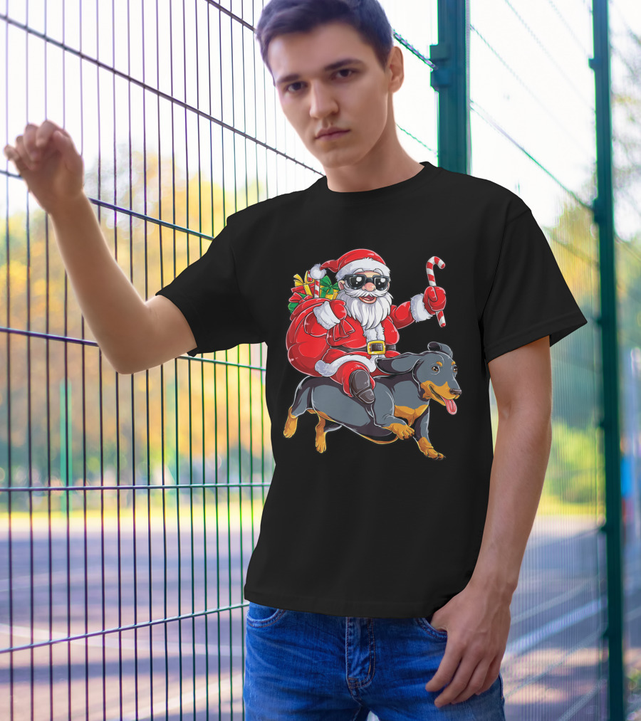 Santa Claus Riding Dachshund With Candy Cane And Presents T-Shirt