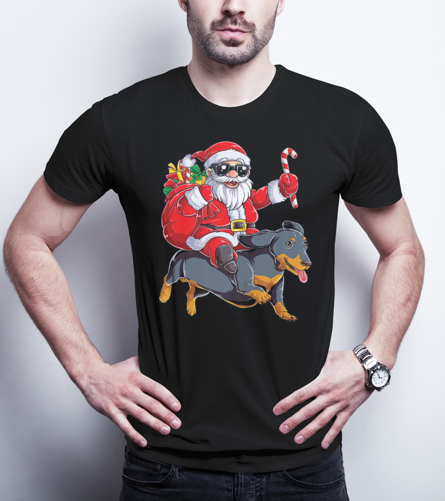 Santa Claus Riding Dachshund With Candy Cane And Presents T-Shirt