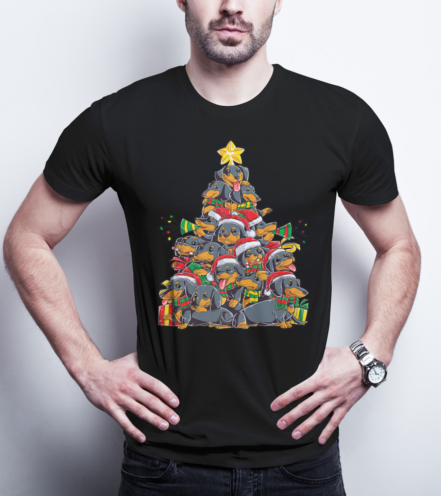 Dachshund Christmas Tree With Santa Hats And Gifts T-Shirt