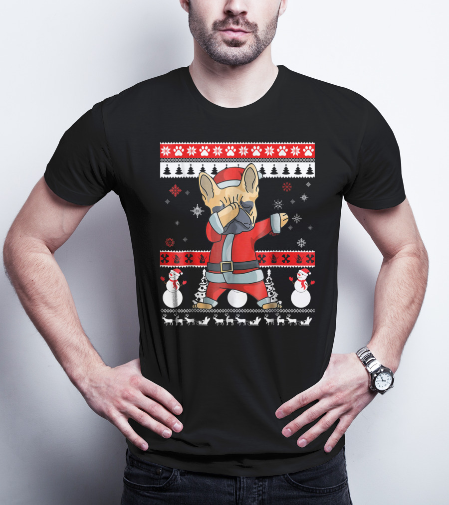 Dabbing French Bulldog Christmas Santa Ugly Sweater Snowflakes Snowmen T-Shirt