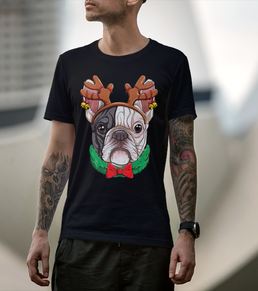 French Bulldog With Christmas Reindeer Antlers And Bow Tie T-Shirt