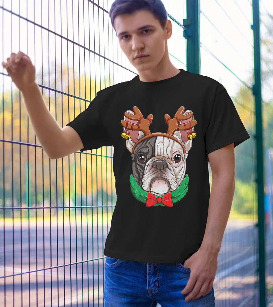 French Bulldog With Christmas Reindeer Antlers And Bow Tie T-Shirt
