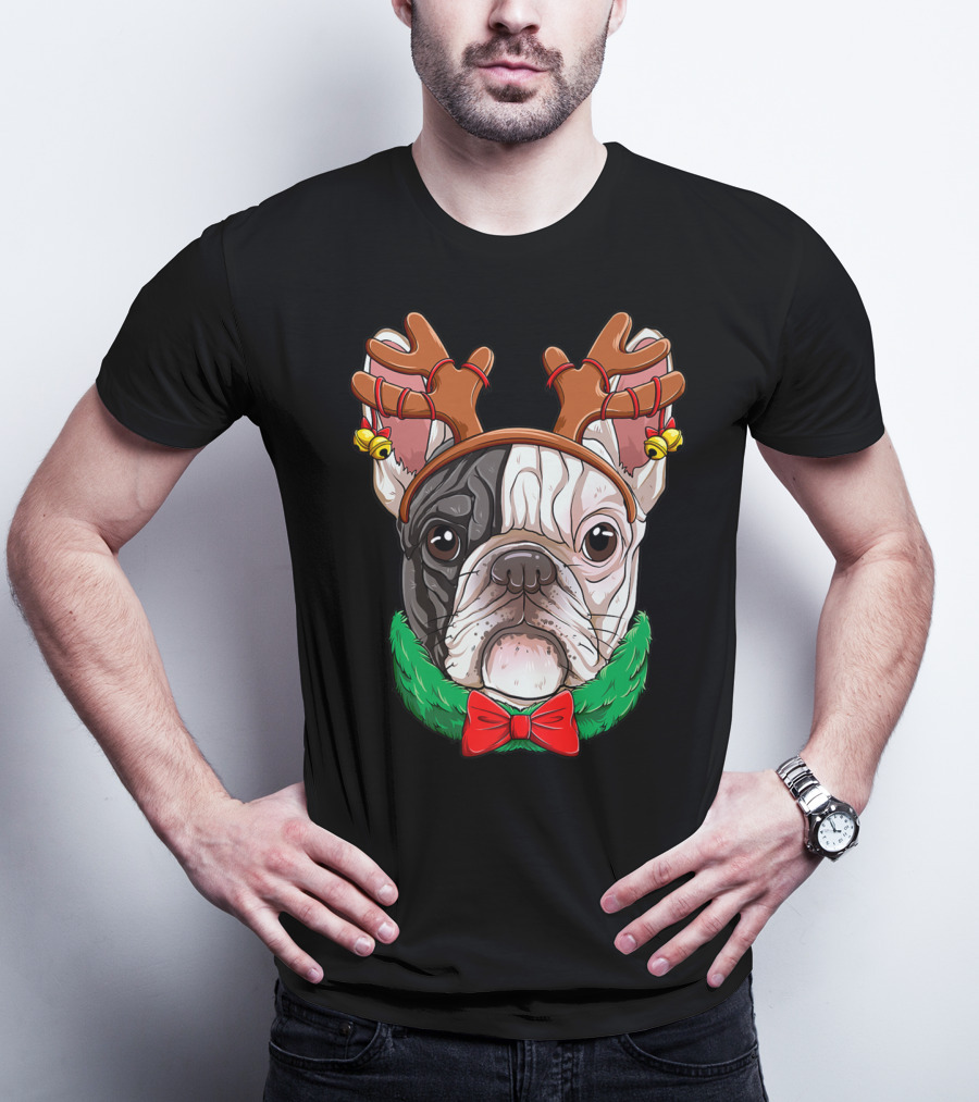 French Bulldog With Christmas Reindeer Antlers And Bow Tie T-Shirt