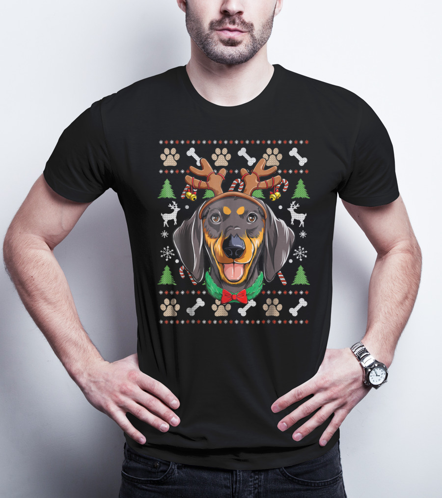 Dachshund Reindeer Antlers Christmas Ugly Sweater Snowflakes Candy Canes T-Shirt