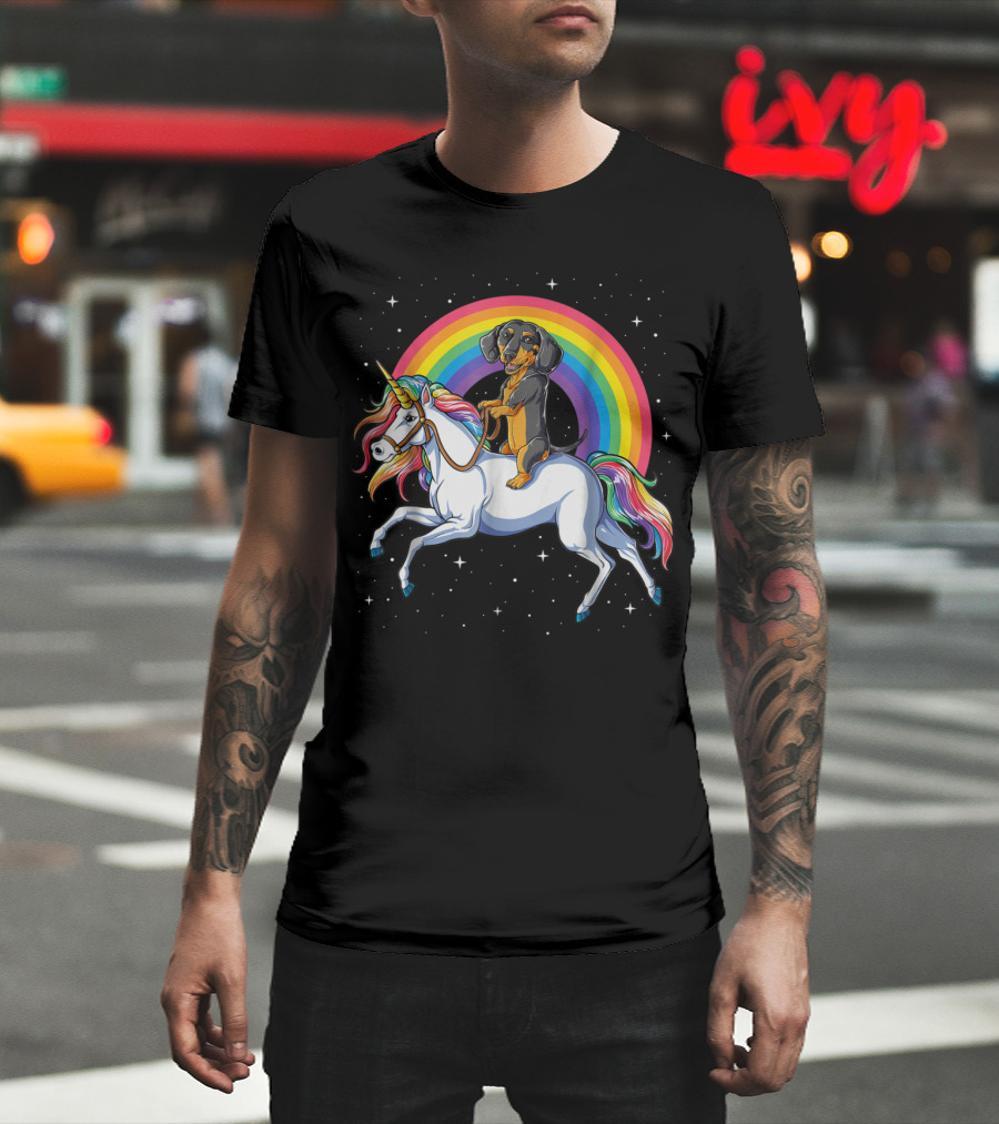 Dachshund Riding Unicorn Space Galaxy Rainbow Kids Women T-Shirt