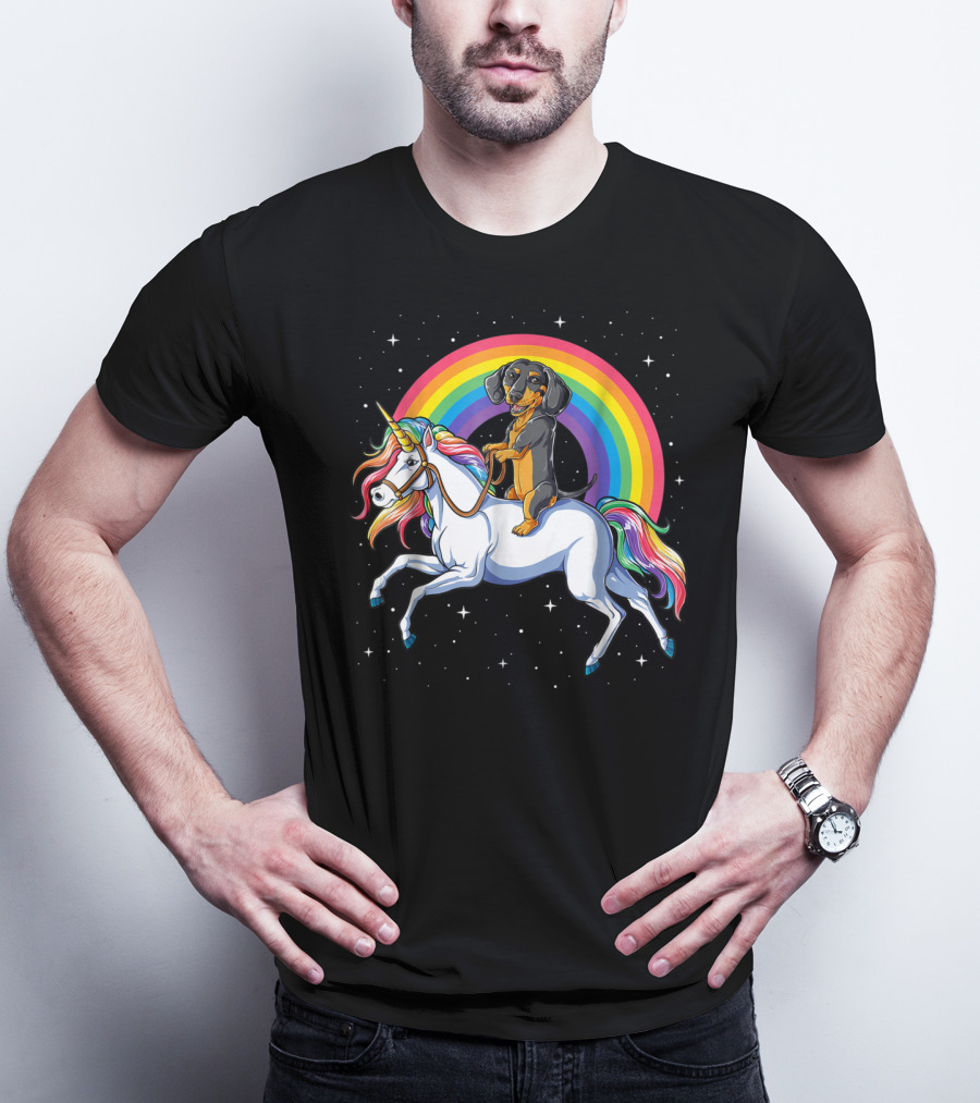 Dachshund Riding Unicorn Space Galaxy Rainbow Kids Women T-Shirt