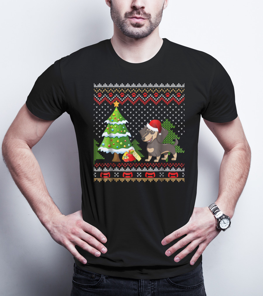 Dachshunds Santa Christmas UglyDog Festive Sweater Holiday Tree T-Shirt